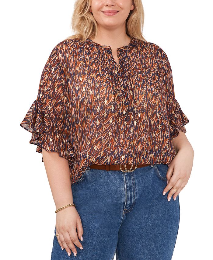 Vince Camuto Plus Size Printed Split-Neck Ruffle-Sleeve Blouse - Macy's