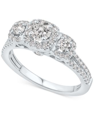 Diamond Halo Three Stone Engagement Ring (1 ct. t.w.) in 14k White Gold ...