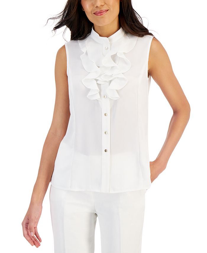 Kasper Women's Petite Sleeveless Button-Front Ruffle Top - Macy's