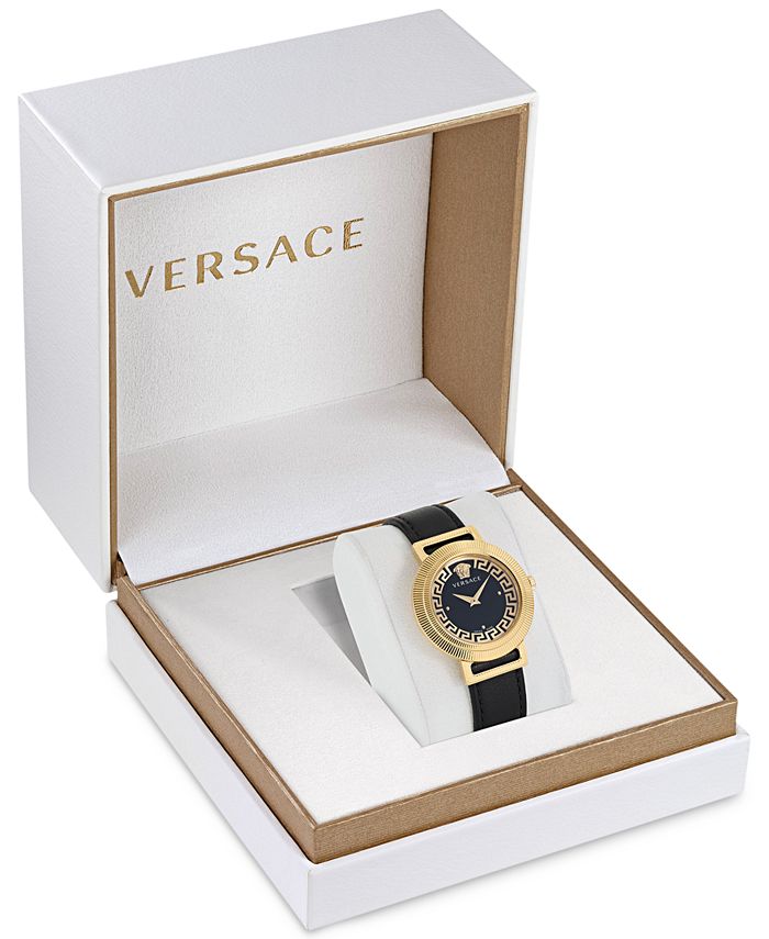 Versace Women's Swiss Greca Chic Black Leather Strap Watch 36mm - Macy's