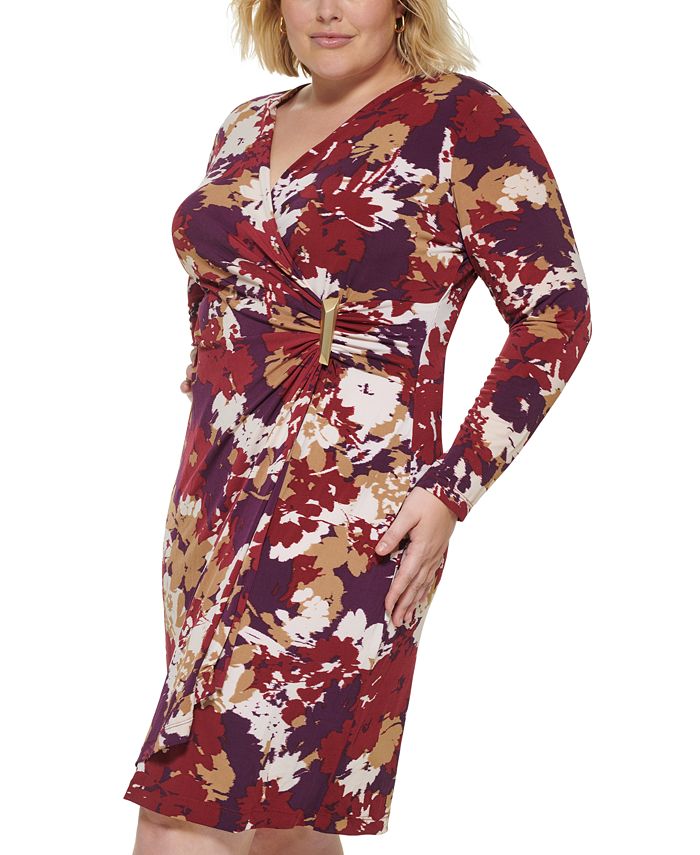 Calvin Klein Plus Size Printed Ruched Faux-Wrap Dress - Macy's