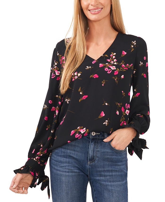 CeCe Women's Long Sleeve V-Neck Tie-Sleeve Floral-Print Blouse - Macy's