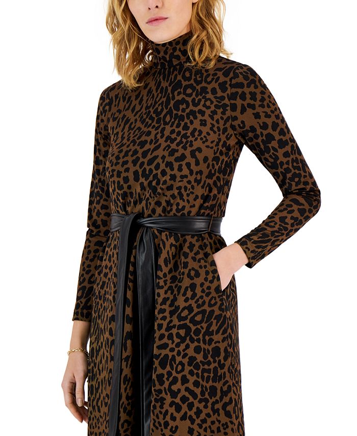 Anne Klein Women's Leopard-Print Mock-Neck Midi Dress - Macy's