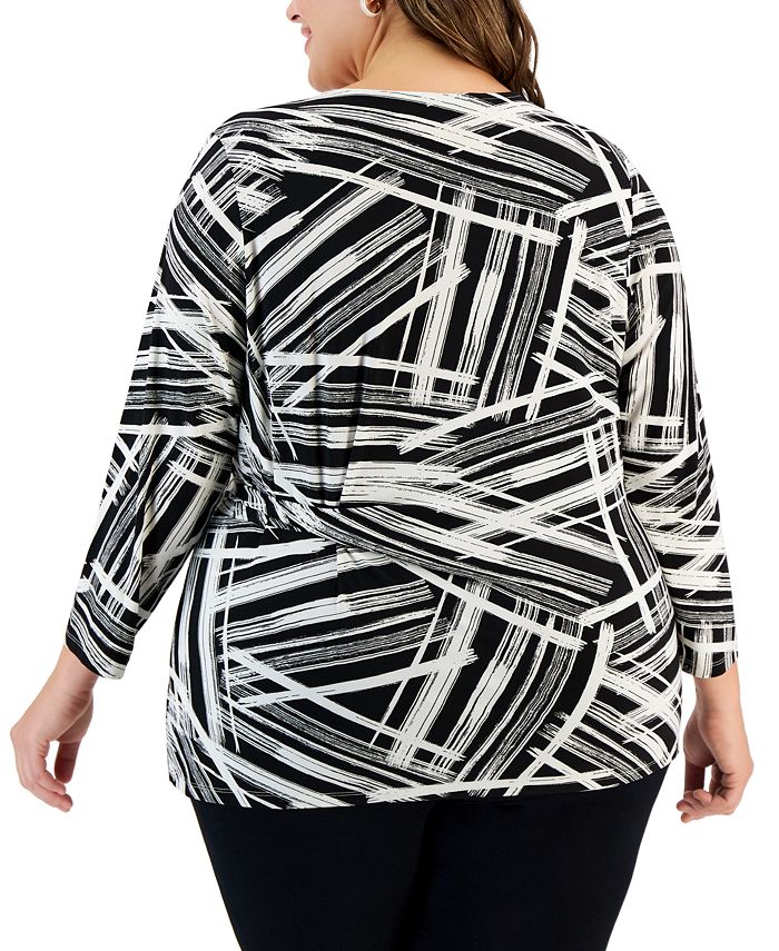 Kasper Plus Size Printed 3/4-Sleeve Side-Tie Blouse - Macy's