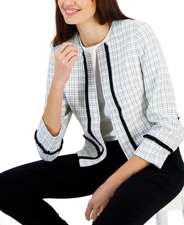 Kasper Womens Collarless Fringe Trim Open Front Blazer Macys