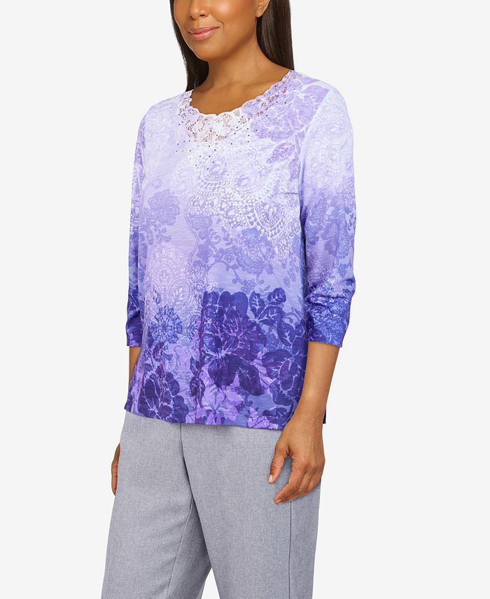 Alfred Dunner Petite Size Tivoli Gardens Medallion Ombre Lace Neck Top ...