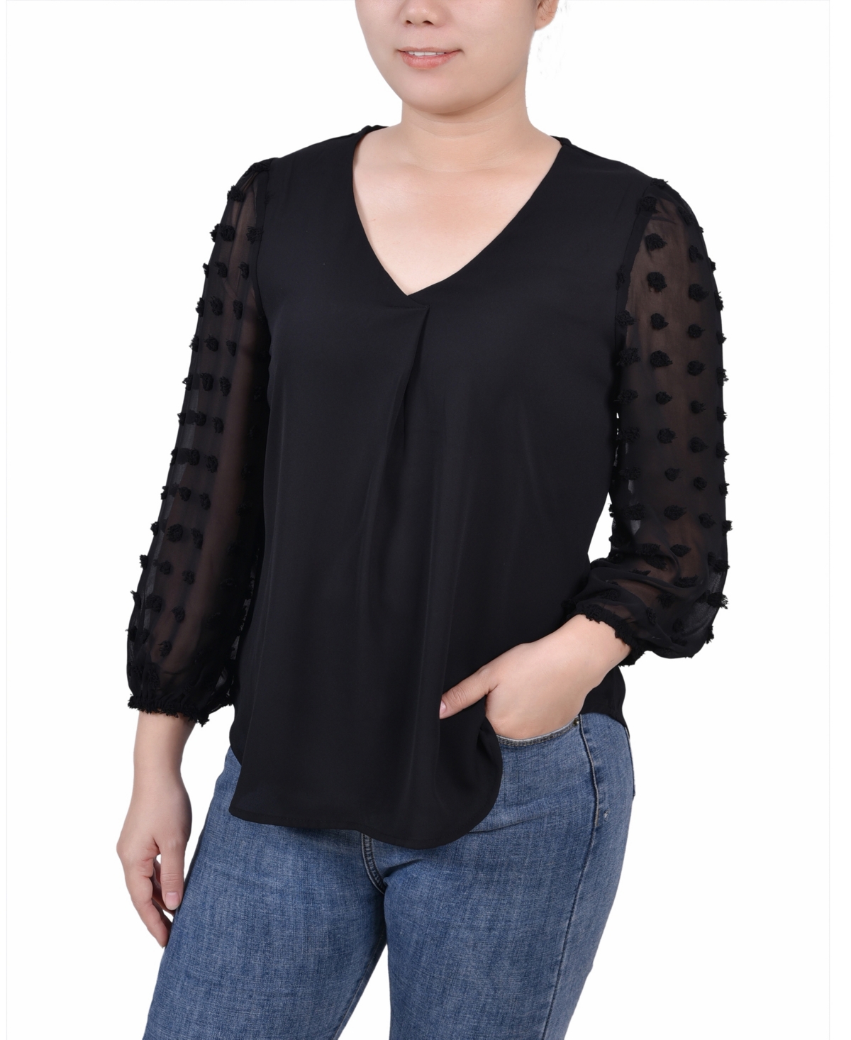 Click here for Ny Collection Petite V-neck Blouse with 3/4 Jacqua... prices