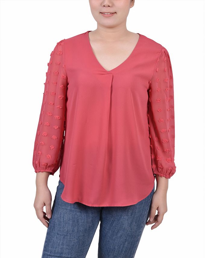 NY Collection Petite V-neck Blouse with 3/4 Jacquard Chiffon Sleeves ...
