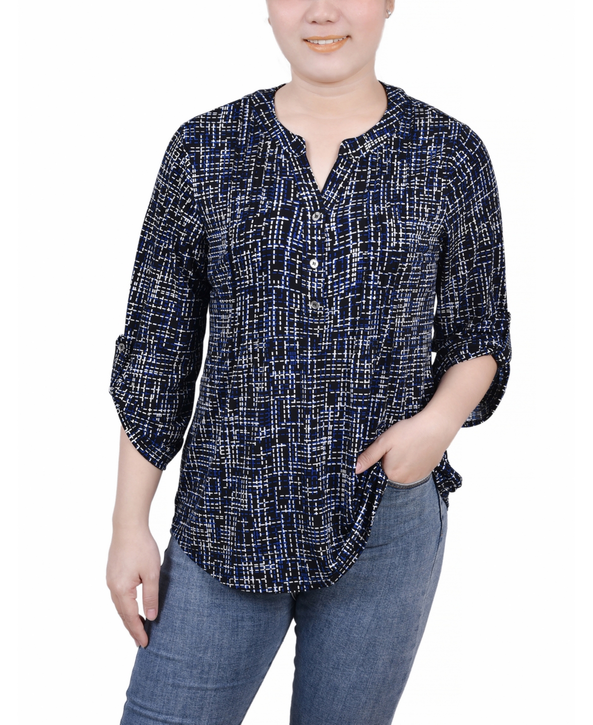 Click here for Ny Collection Petite 3/4 Roll Tab Sleeve Y-neck To... prices