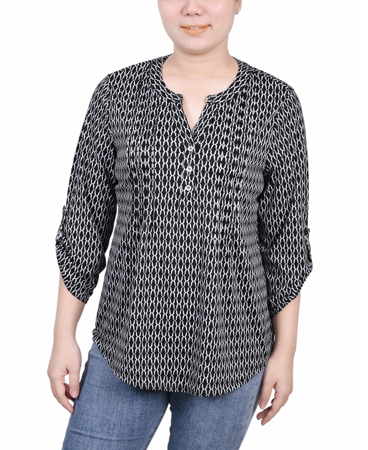 Click here for Ny Collection Petite 3/4 Roll Tab Sleeve Y-neck To... prices