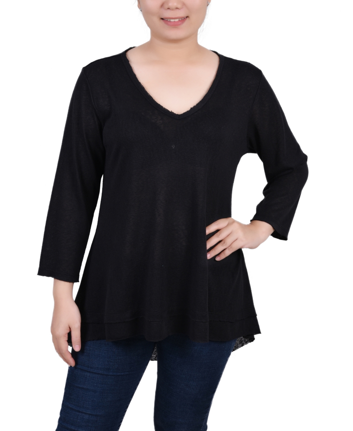 Click here for Ny Collection Petite 3/4 Sleeve V-neck Top - Black prices