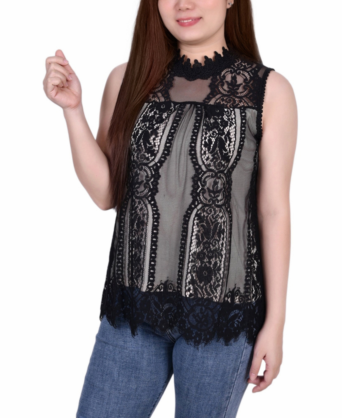 Click here for Ny Collection Mock-Neck Lace Top - Black Nude prices