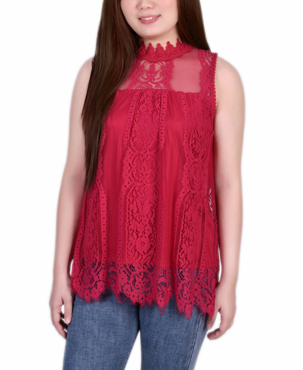 Click here for Ny Collection Mock-Neck Lace Top - Red prices