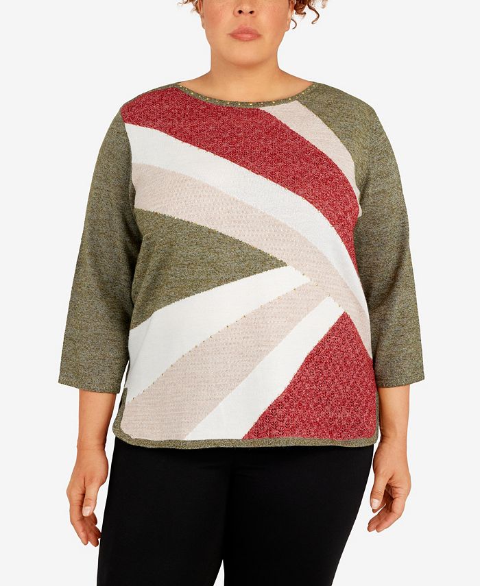 Alfred Dunner Plus Size Copper Canyon Colorblock 3/4 Sleeve Sweater ...