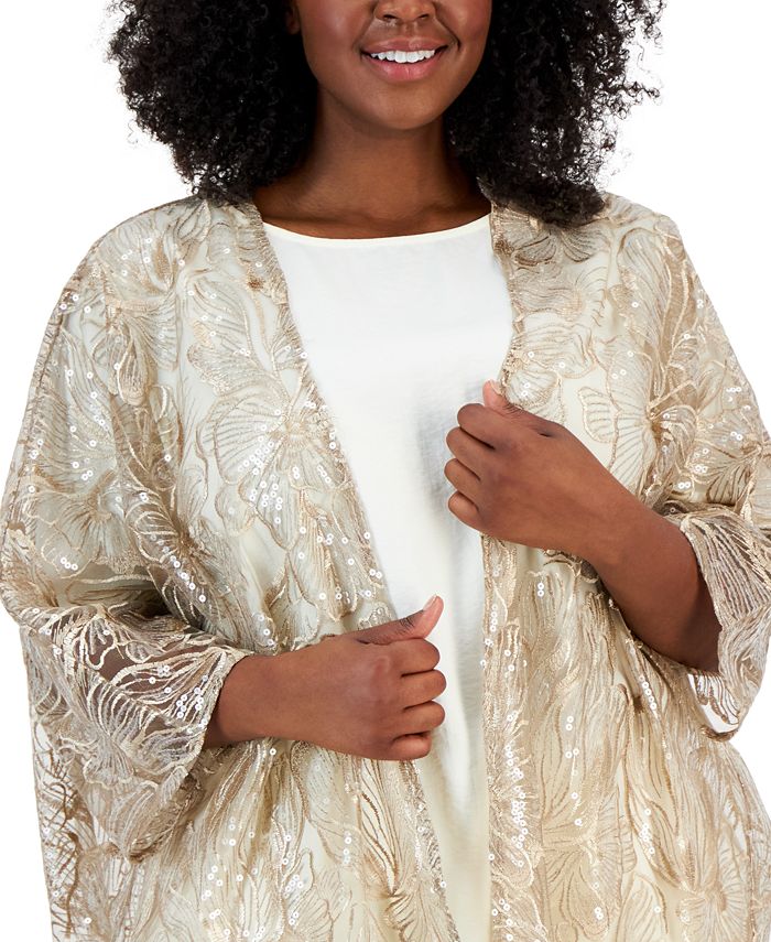 Anne Klein Plus Size Sheer Sequin-Detail 3/4-Sleeve Cardigan - Macy's