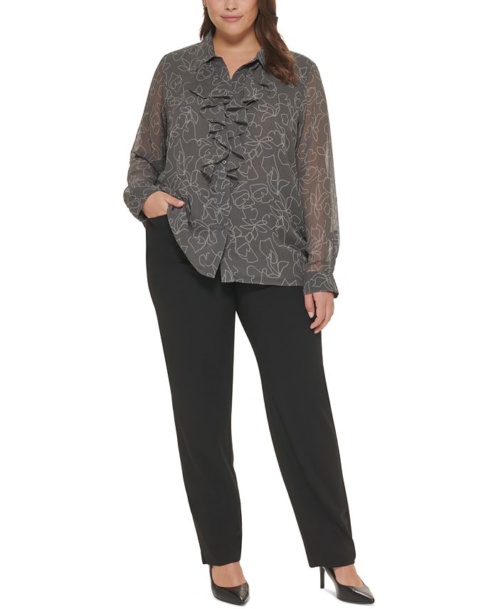 Calvin Klein Calvin Plus Size Floral-Print Ruffle-Front Blouse - Macy's
