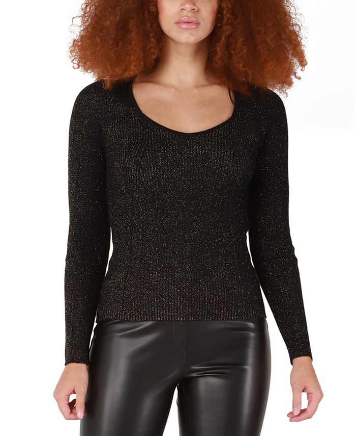 Black Tape Petite Metallic-Threaded Sweetheart-Neck Sweater - Macy's