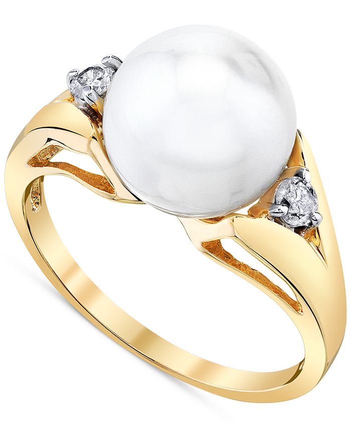 Macy's Cultured Freshwater Pearl (10mm) & Diamond (1/8 ct. t.w.) Ring ...