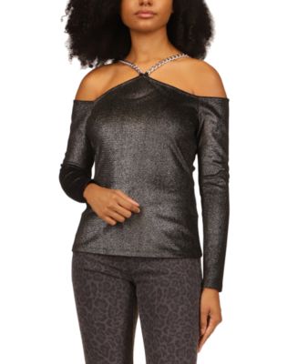 MICHAEL Michael Kors Women's Metallic Velvet Chain Cold-Shoulder Top ...