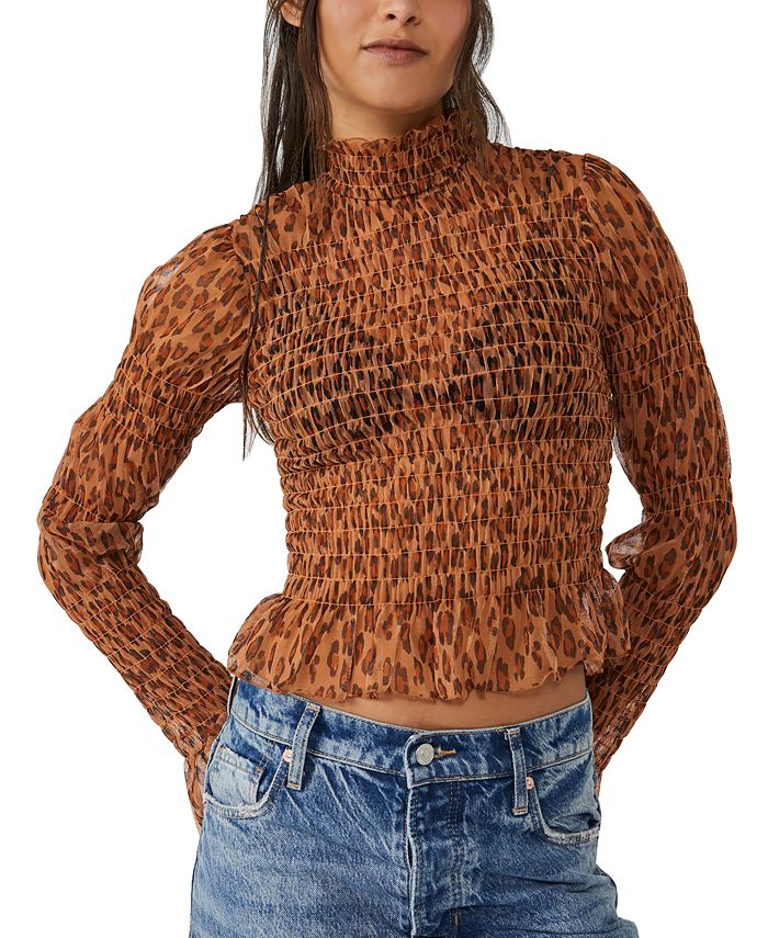 Free People Women's Hello There Animal-Print Smocked Sheer Top - Macy's