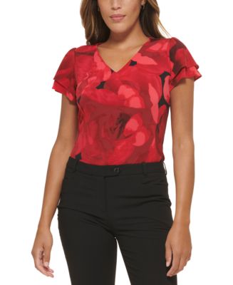 Calvin Klein Petite Floral-Print Flutter-Sleeve Top - Macy's