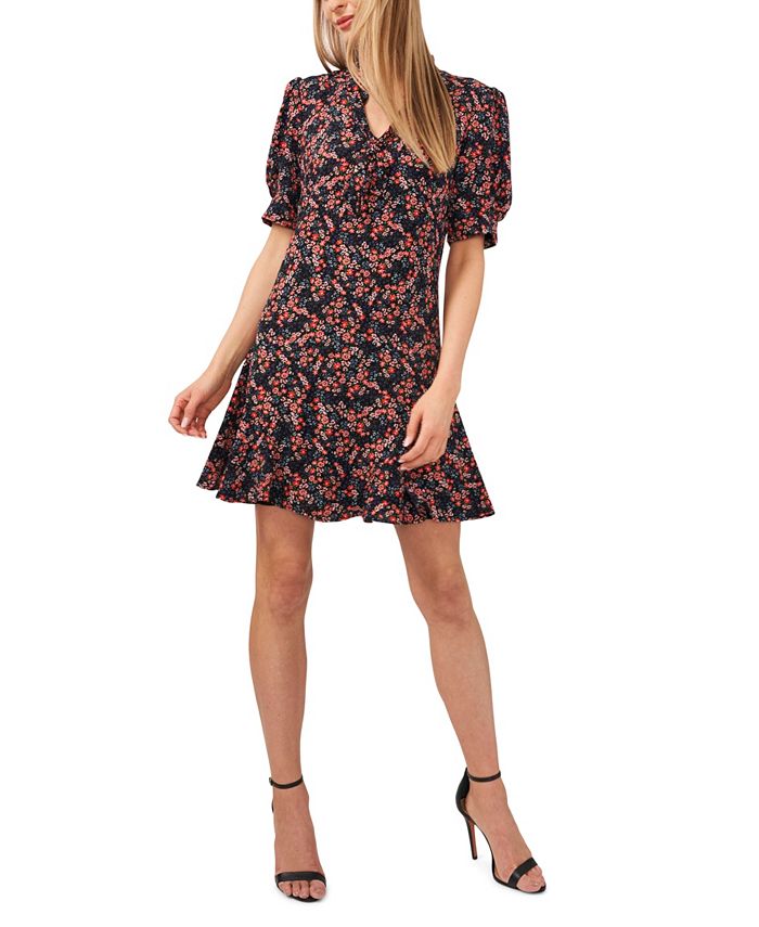 CeCe Women's Puff Sleeve V-neck Printed Dress with Tie - Macy's