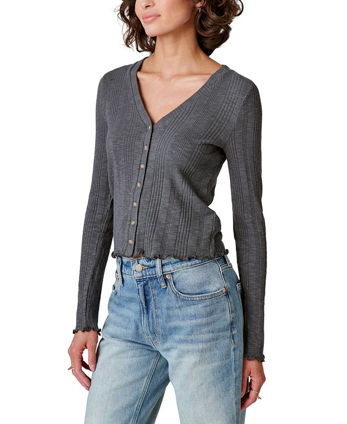 Lucky Brand Women's V-Neck Ribbed-Knit Cardigan Top & Reviews - Tops ...