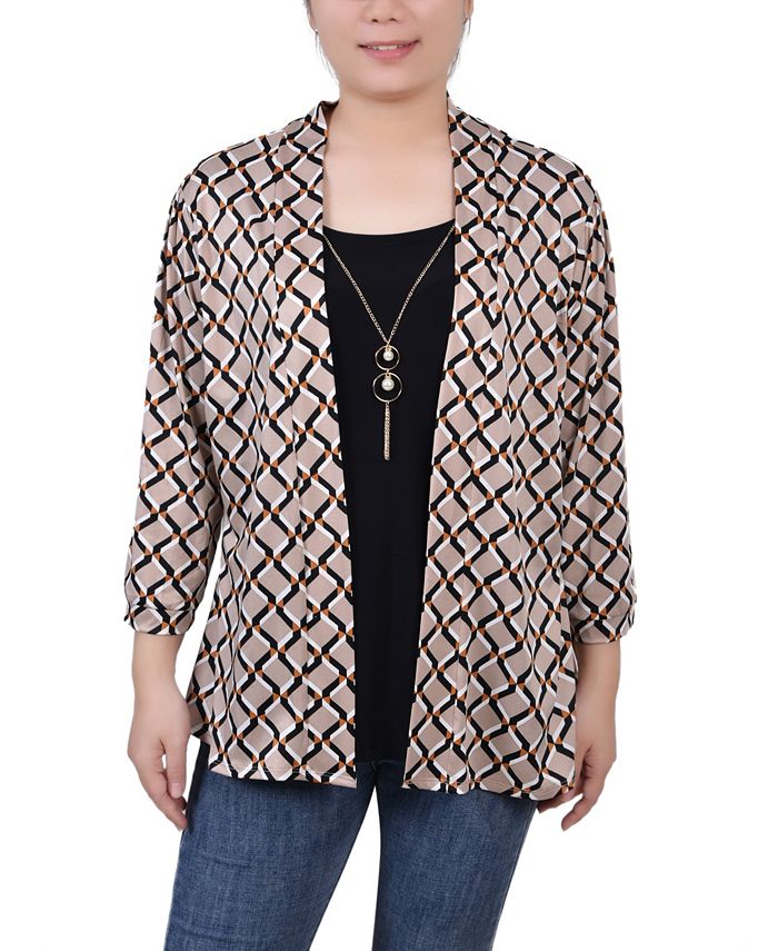 NY Collection Petite 3/4 Sleeve Two-Fer Top - Macy's