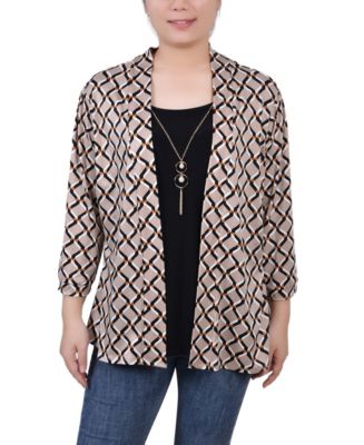 NY Collection Petite 3/4 Sleeve Two-Fer Top - Macy's