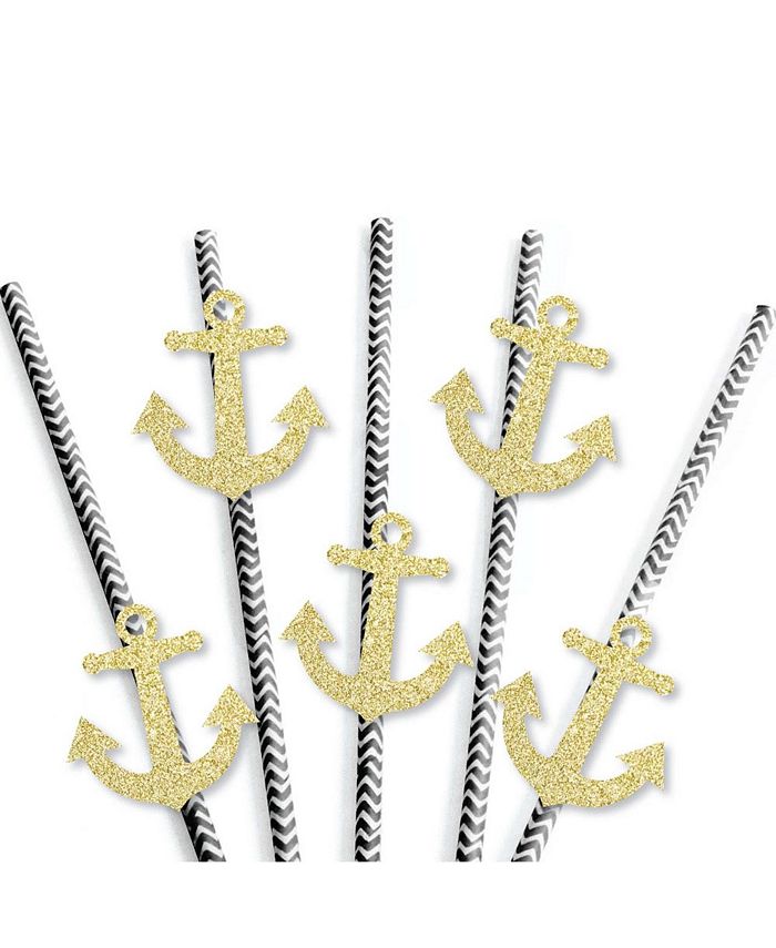 Big Dot of Happiness Gold Glitter Anchor Straws - No-Mess Cut-Outs ...