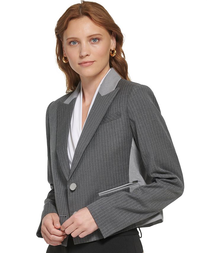 DKNY Women's Pinstriped Combo Peak-Lapel Cropped Jacket - Macy's