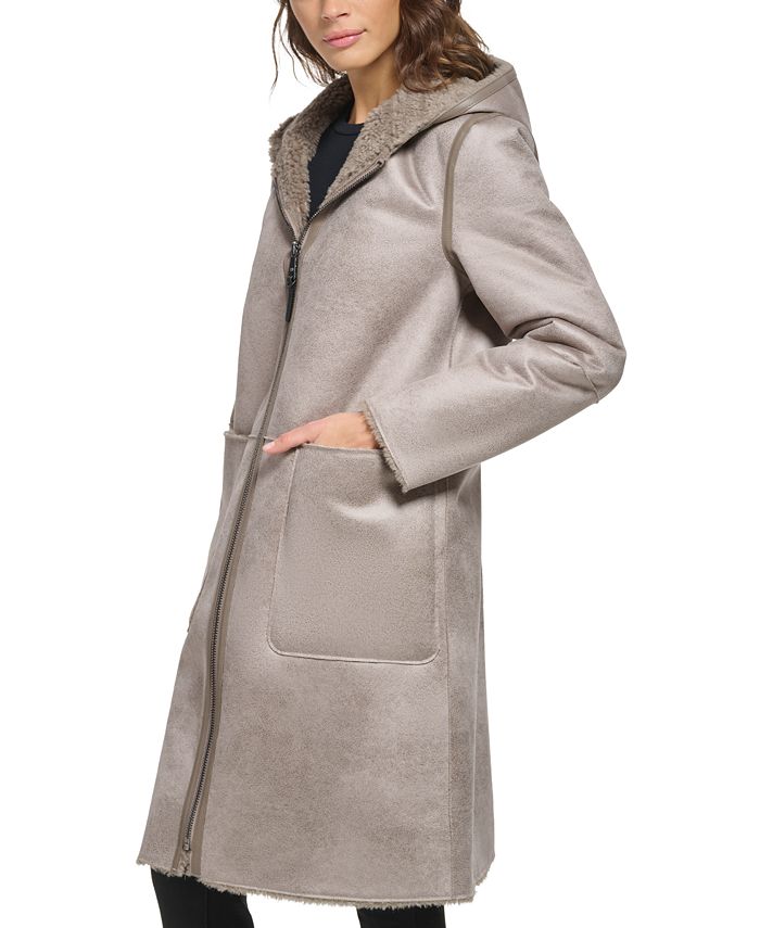 DKNY Women's Hooded Faux-Shearling Coat - Macy's