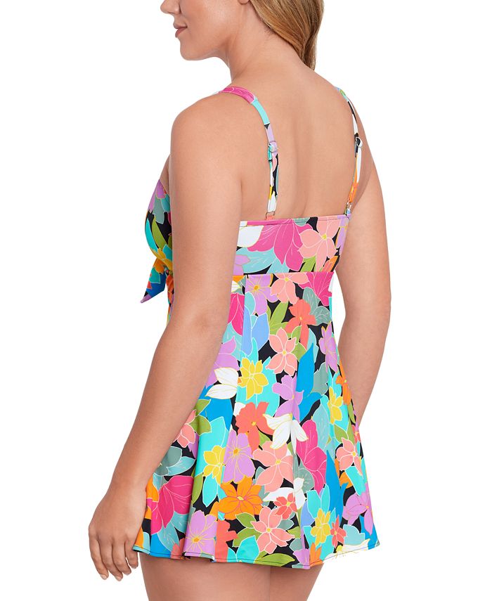 Swim Solutions Womens Printed Tummy Control Bow Front Swimdress