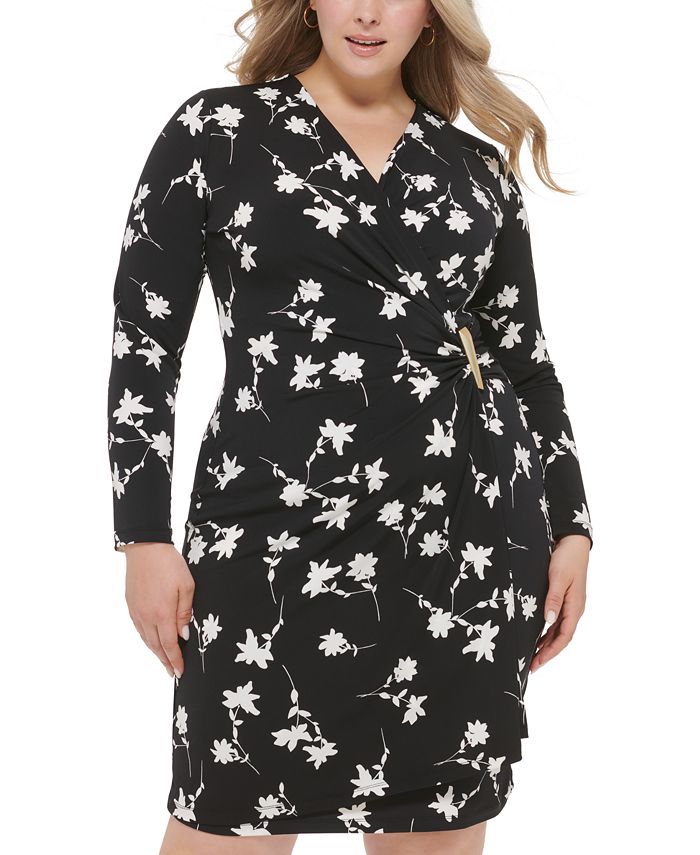Calvin Klein Plus Size Printed Faux-Wrap Dress - Macy's