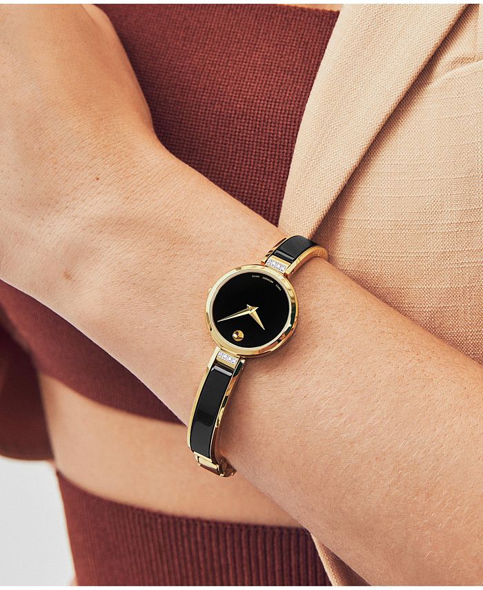 Movado Women's Moda Swiss Quartz Black Ceramic Yellow PVD Bangle Watch ...