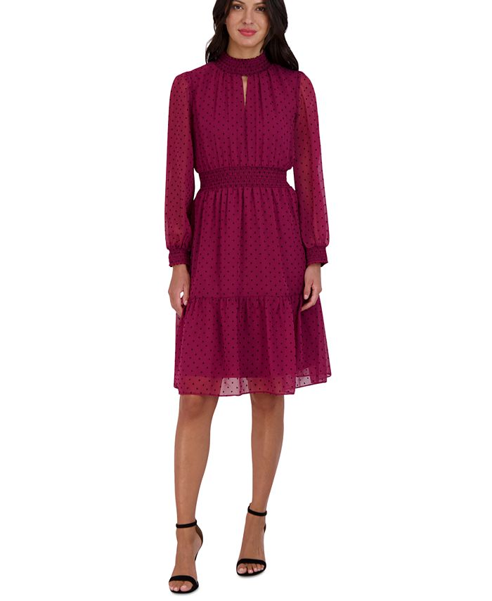 Sandra Darren Dot-Print Smocked Tiered Chiffon Midi Dress - Macy's