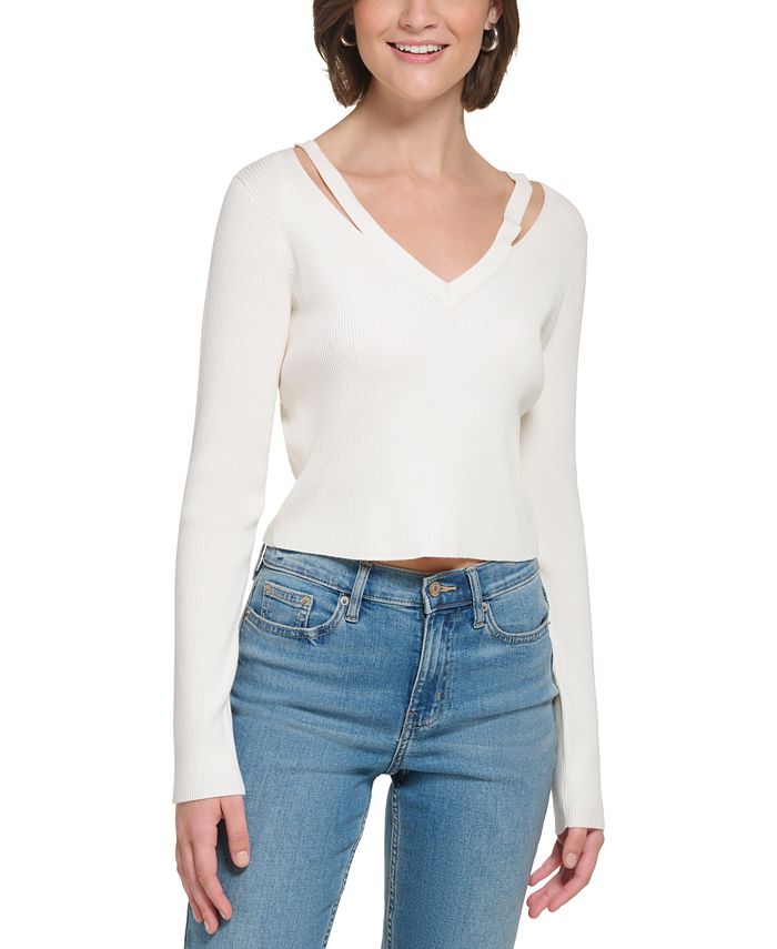 Calvin Klein Jeans Women's Cropped Rib-Knit Slashed V-Neck Top - Macy's