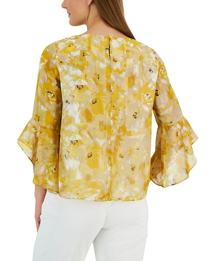 Kasper Womens Floral Print Ruffle Sleeve Blouse Macys