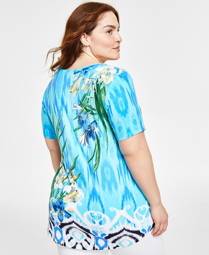 Jm Collection Plus Size Tropical Palm Print Short Sleeve Top Created