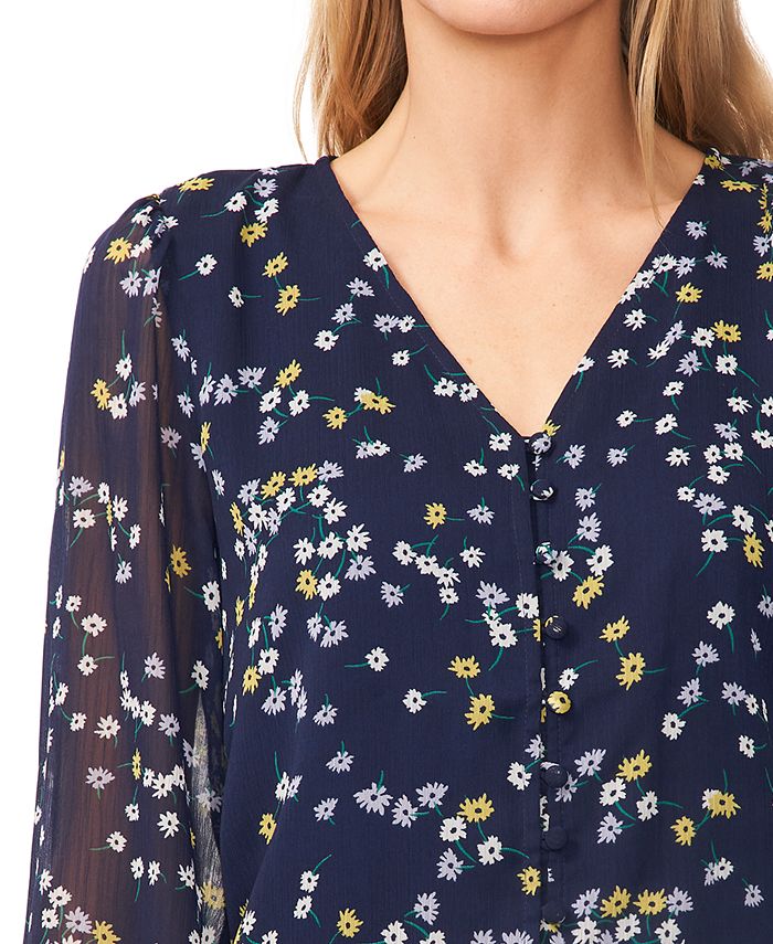 CeCe Women's Floral-Print V-Neck Button-Front Blouse - Macy's