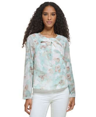 Calvin Klein Women's Long Sleeve Printed Twist Neck Chiffon Blouse - Macy's