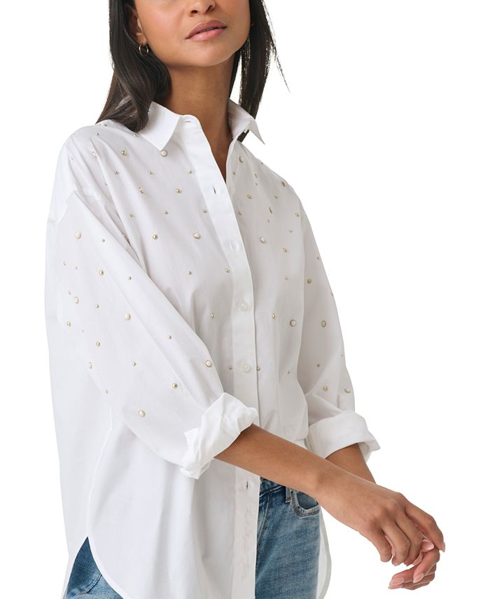 KARL LAGERFELD PARIS Women's Embellished Button-Down Poplin Blouse - Macy's
