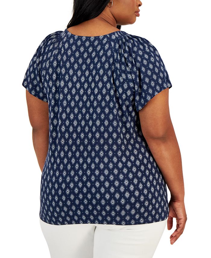 Style And Co Plus Size Printed Pleat Neck Top Created For Macys Macys
