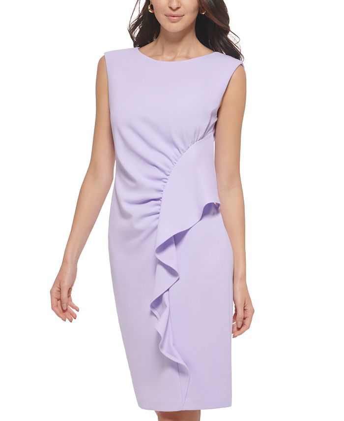 Calvin Klein Petite Ruffle-Trim Scuba Sheath Dress - Macy's