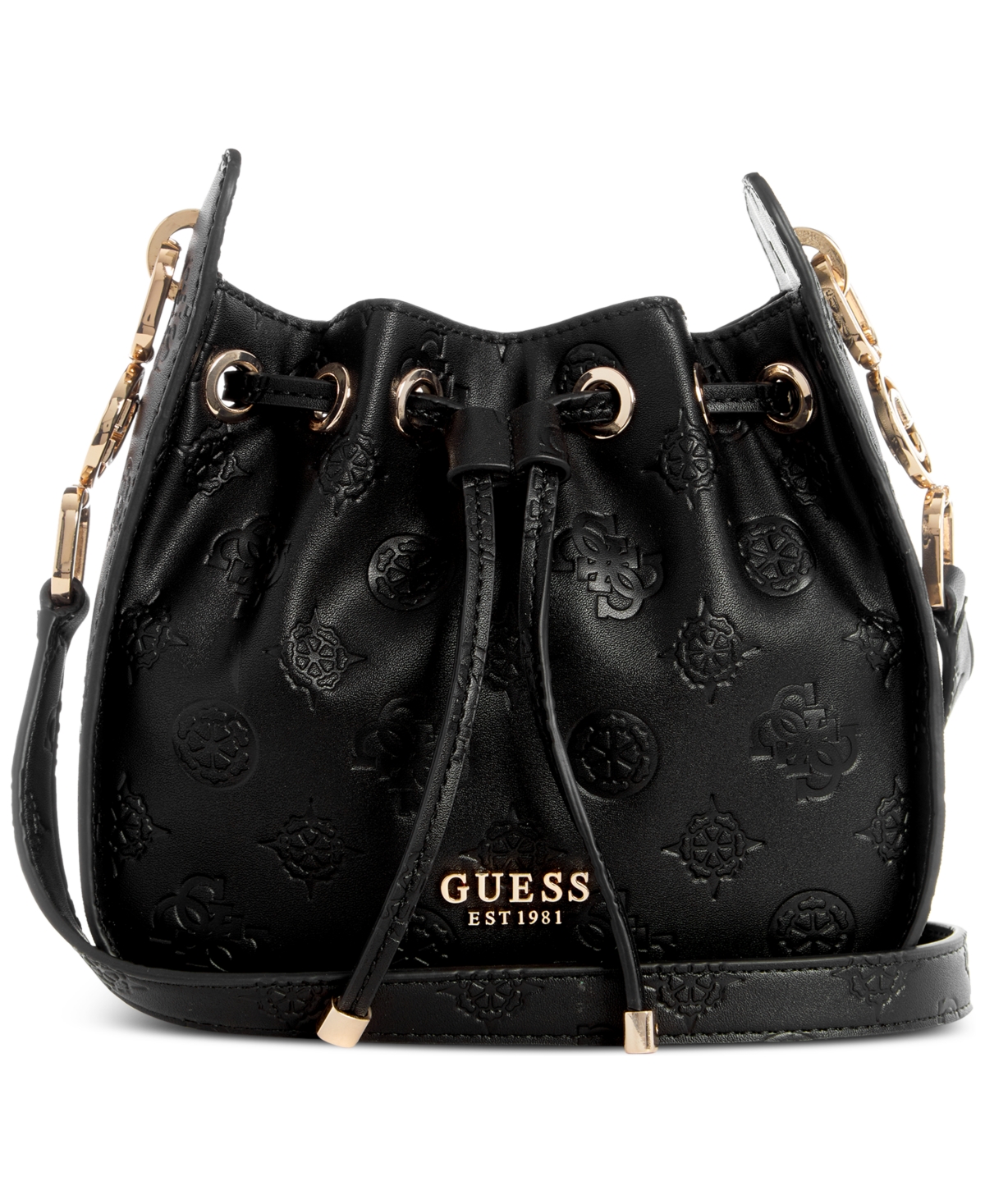 Guess Galeria Debossed Peony Small Crossbody Bucket Bag In Black | ModeSens