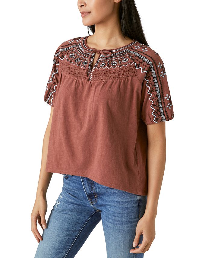 Lucky Brand Women's Short-Sleeve Embroidered Top - Macy's
