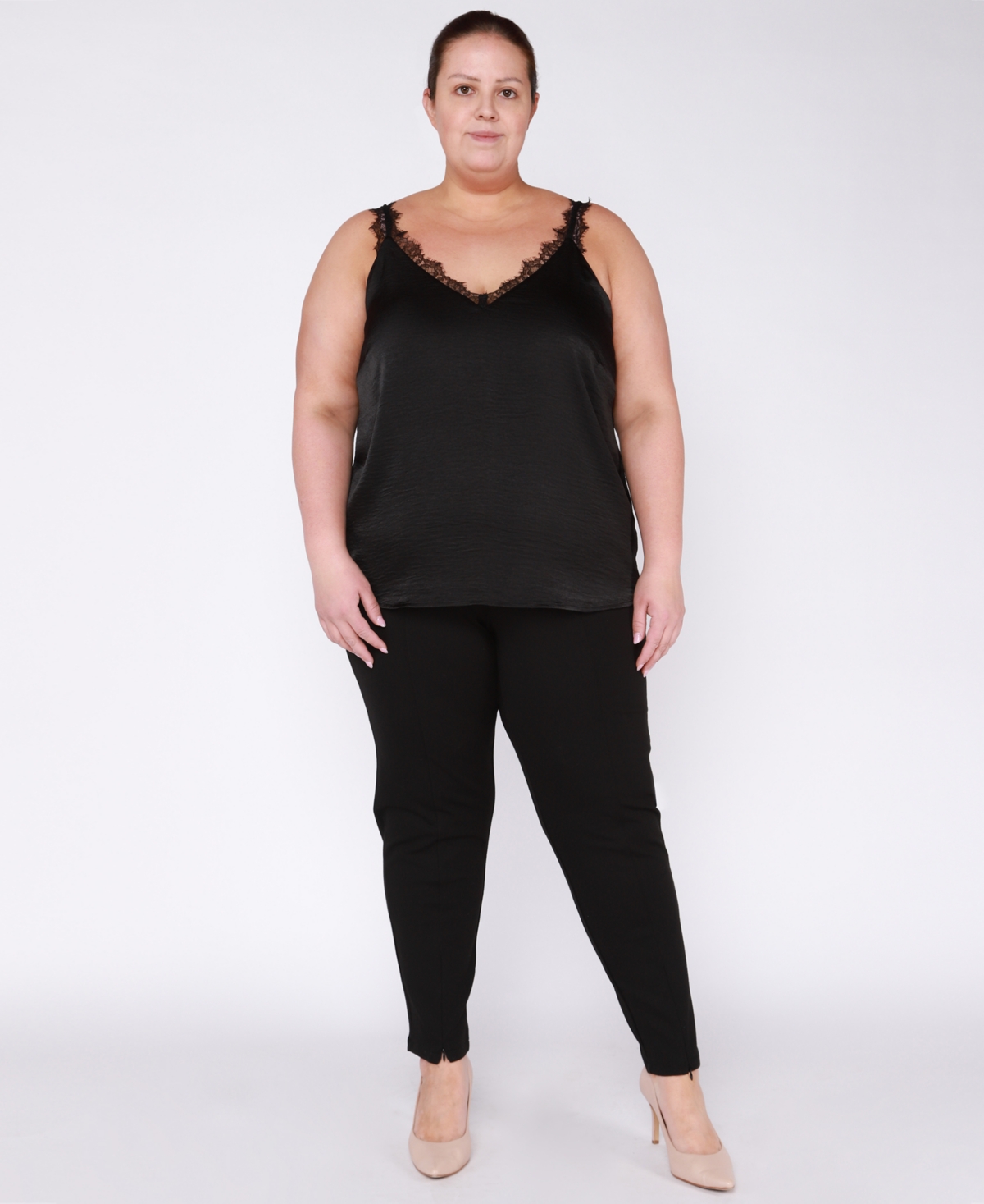 Black Tape Plus Size Lace Trim V Neck Camisole In Black Modesens