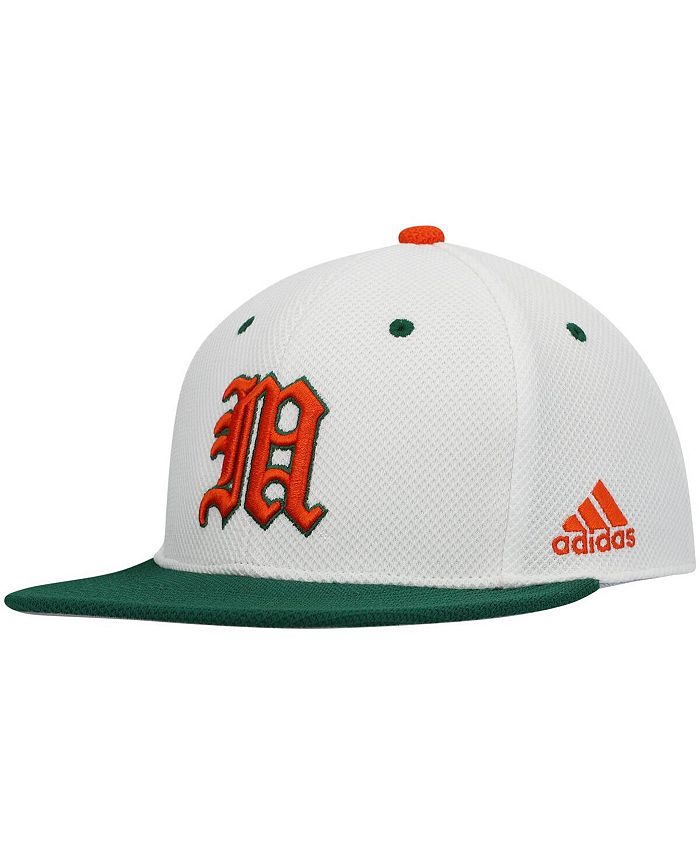 adidas Men's White, Green Miami Hurricanes On-Field Baseball Fitted Hat ...