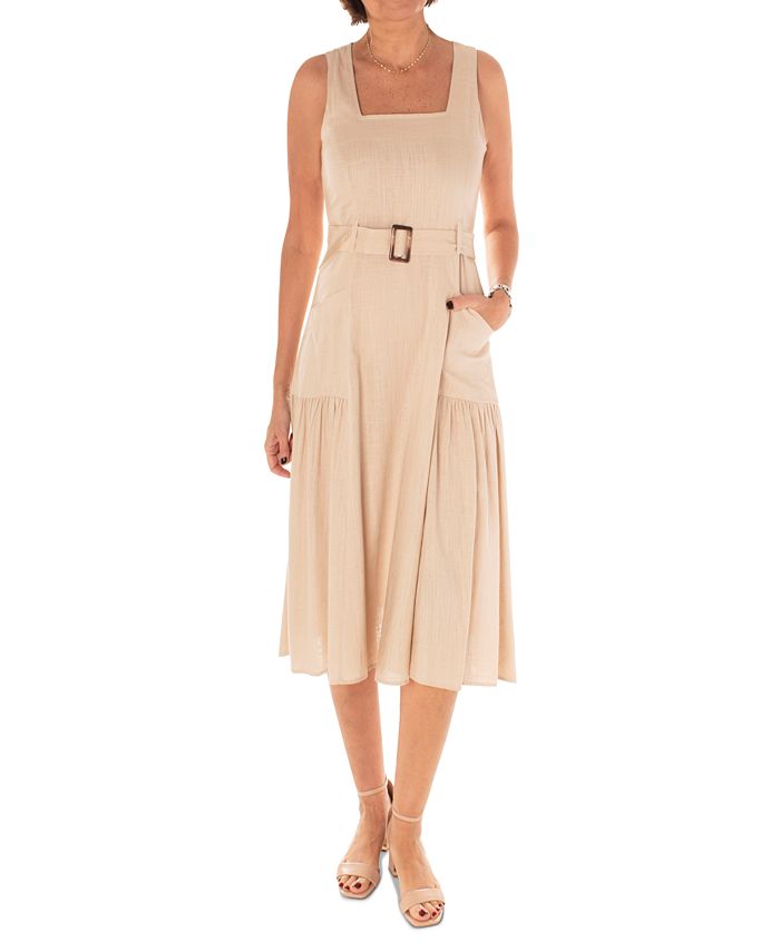 Maison Tara Women's Square-Neck Belted Sleeveless A-Line Dress - Macy's