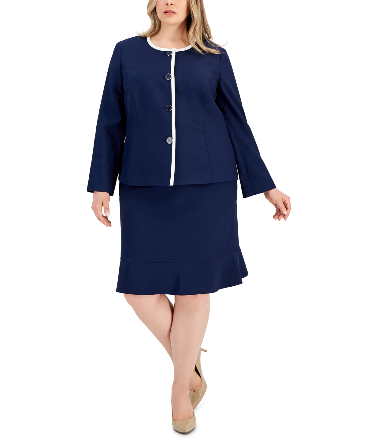 Click here for Le Suit Plus Size Framed Collarless Jacket & Floun... prices